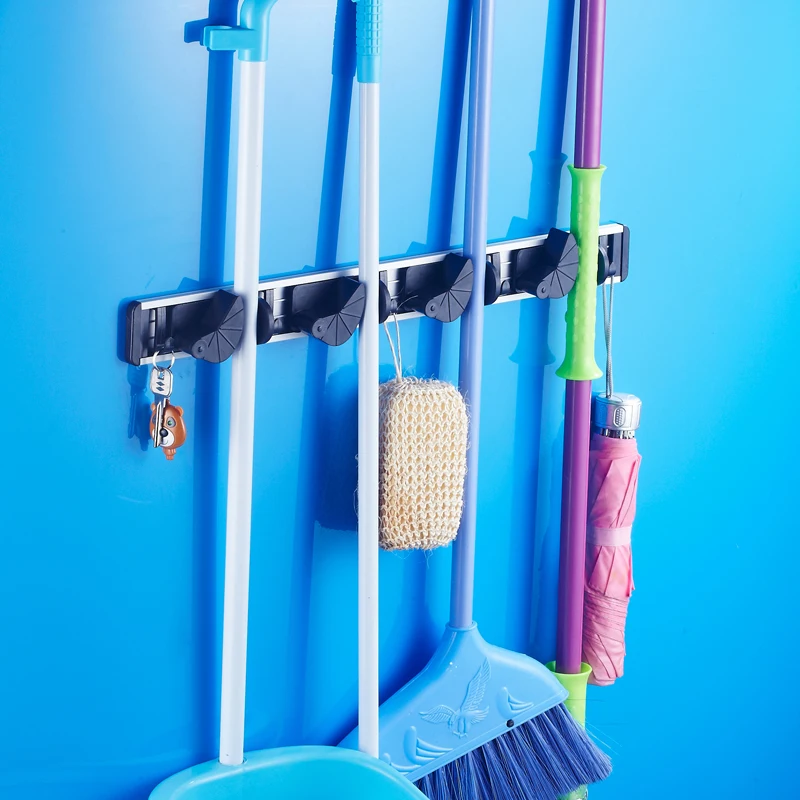 Kitchen 3 hooks with 4 position mop and broom rack, Aluminum and ...