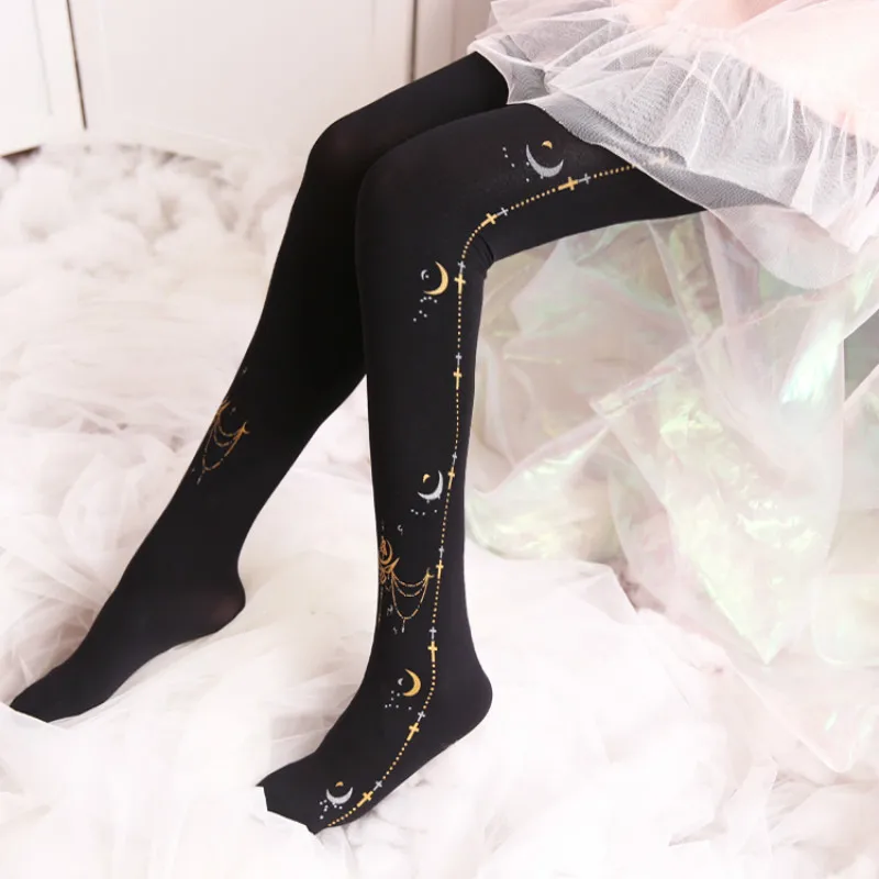 Harajuku Lolita Tights Crescent Cross Pattern Gothic Girl Pantyhose ...
