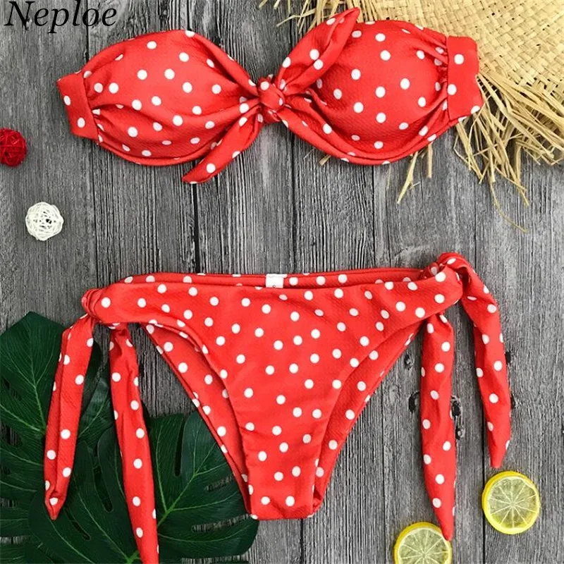 Neploe New Print Dot Women Bikini Set Lace Up Strapless Patchwork