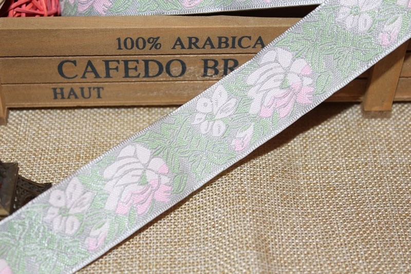 10 yards/lot wide 3cm Woven Jacquard Ribbon light pink flower in light ...