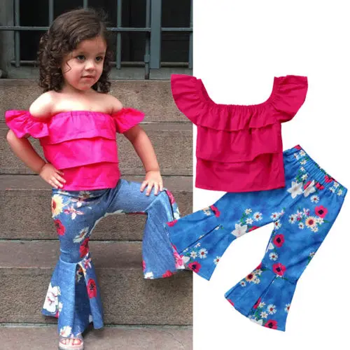2018 2Pcs Little Girl Off Shoulder Floral Clothing Set Toddler Baby ...