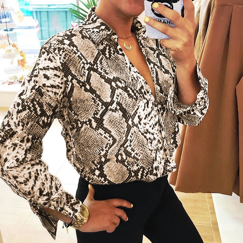 HOWMAYLEE Spring Autumn Long Sleeve Blouse Women Snake Skin Print Tops ...