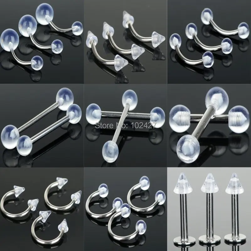 Clear Color 10Pcs/lot Piercing Jewelry Tragus Labret Bar Tongue Eyebrow ...