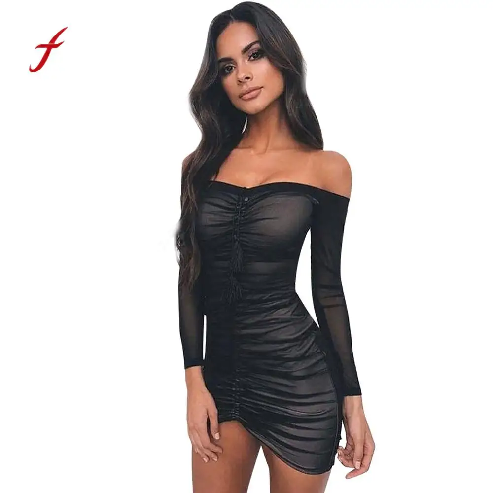 Feitong Sexy Ladies Spring Summer Dress Net Tassel Long Sleeve Slash