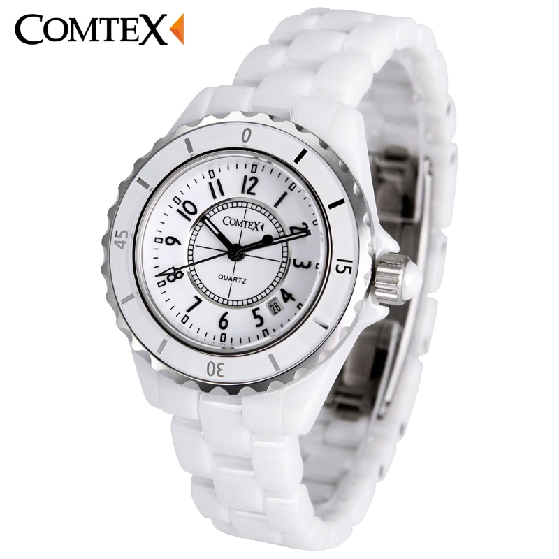 COMTEX Women's Watches White Ceramic Wristwatch Quartz Calendar ...