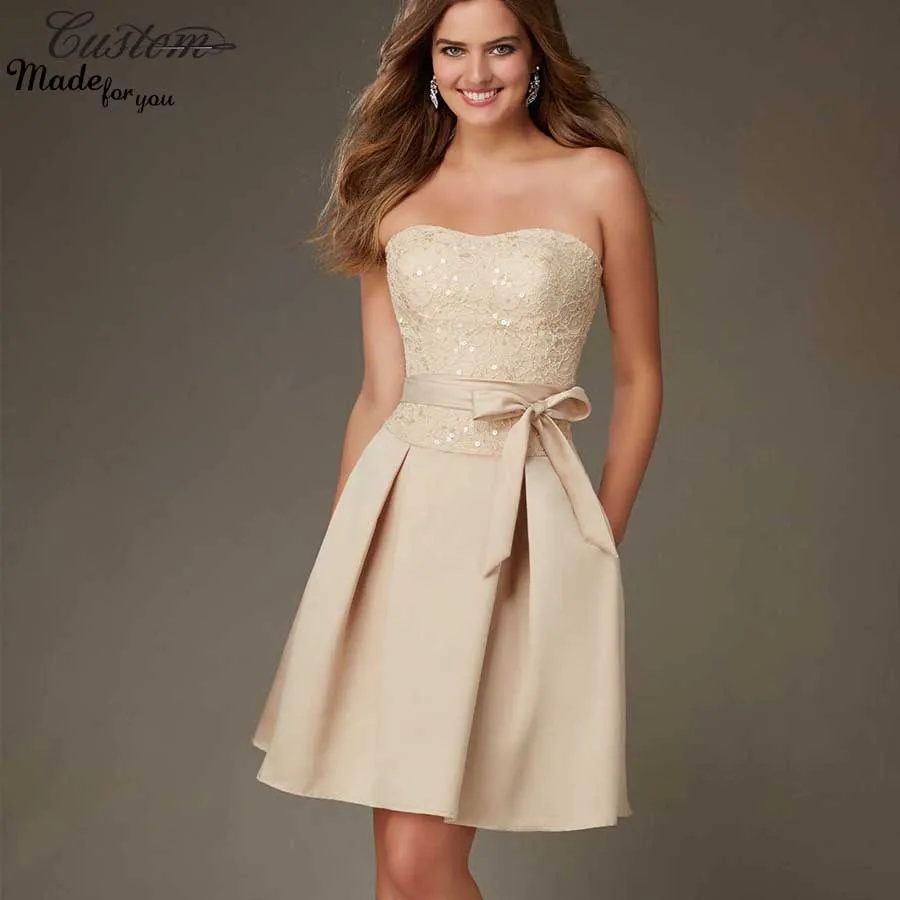 Custom Made Maid of Honor Knee Length Sequined A line Strapless Satin ...