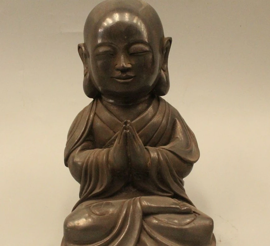 9" Chinese Buddhism Pure Bronze Seat Monk bonze shaveling Buddha Bless ...