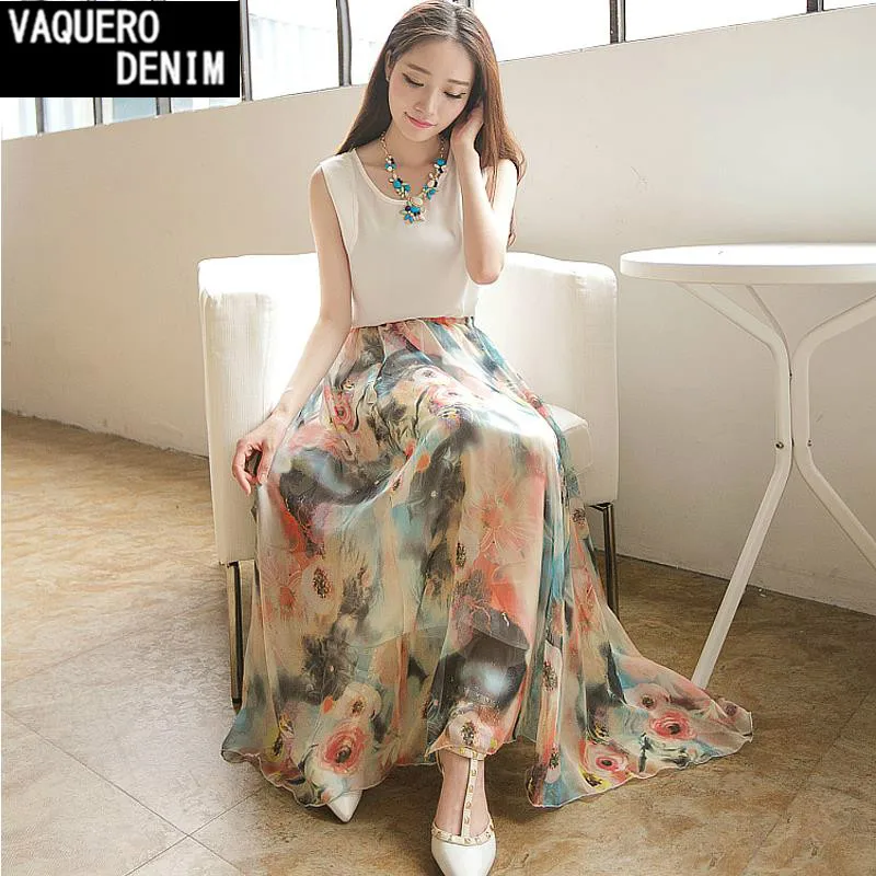 Wholesale Women Chiffon Long Skirts bohemian style floral long chiffon ...