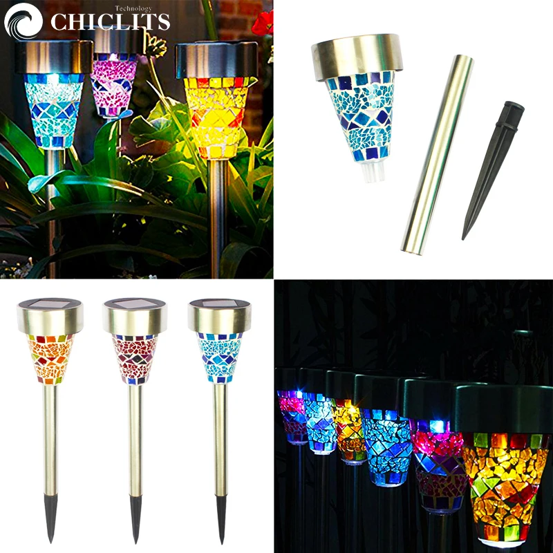Chiclits 3pcs LED Solar Lawn Lamp Blue Orange Purple LED Glass Mosaic ...
