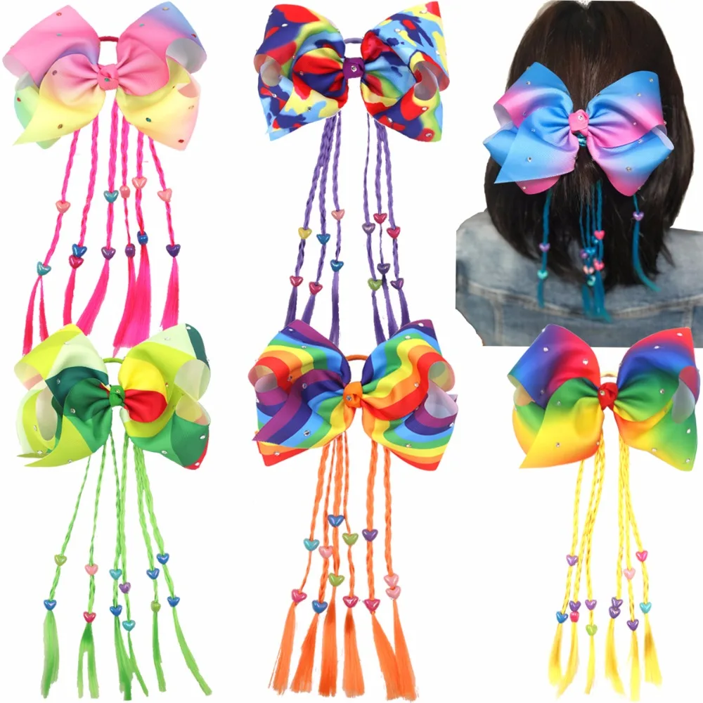 6 Pcs 8 Inches Kid Girls Big Huge Rainbow Bows Hair Tie Headbands With ...