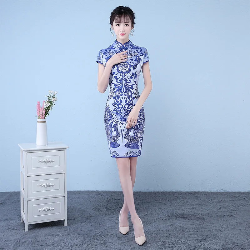 Cheongsam Blue White Sexy Chinese Wedding Dress Qipao Modern Robe ...
