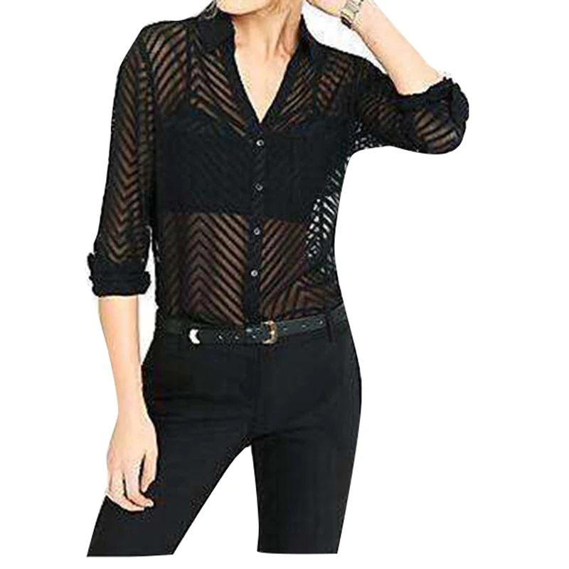 Lasperal 2017 Autumn New Women Shirts Sexy See Through Net Pockets