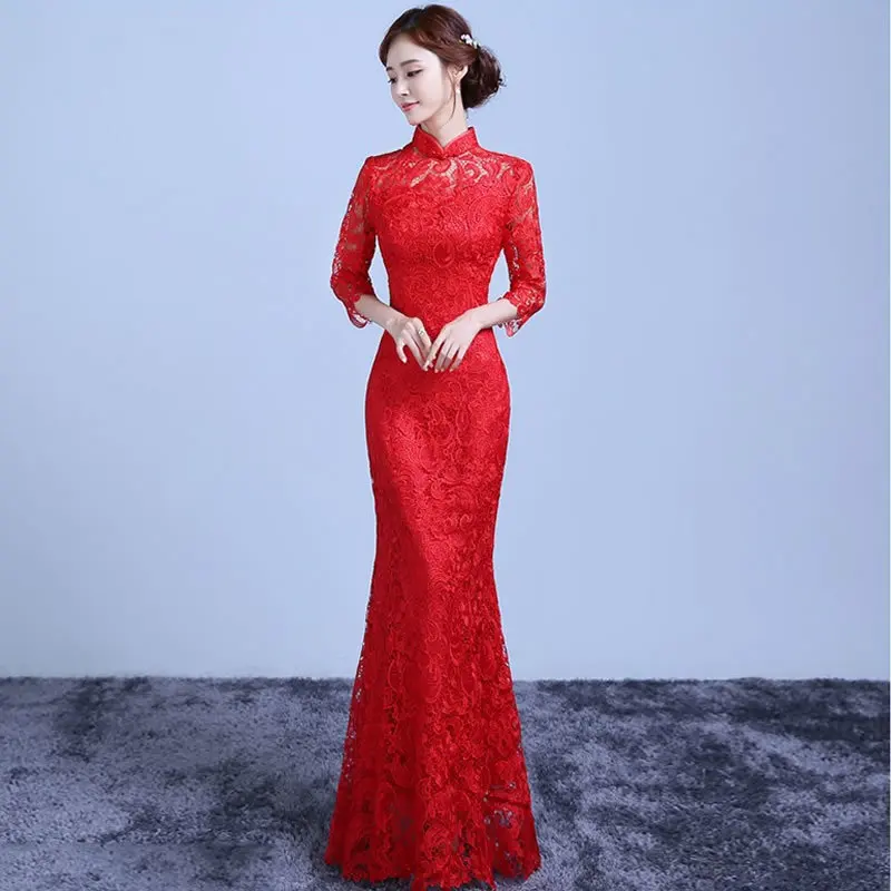 Red Lace Long Cheongsam Chinese Traditional Dress Women Modern Qipao ...