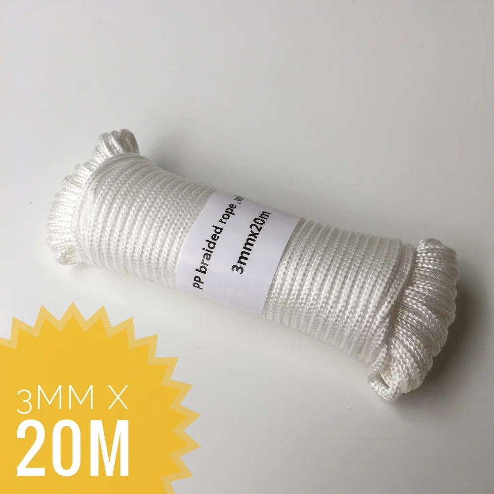 White 3mmx20m braided Polypropylene rope PP hang tag clothes line home ...