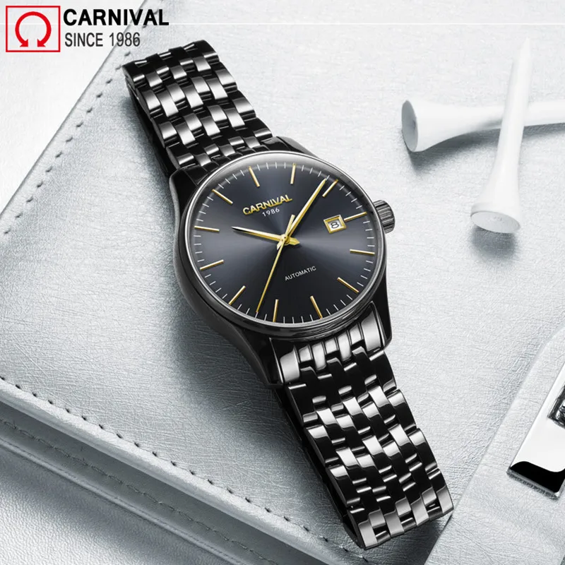 Carnival Business Black Automatic Watch Men Stainless Steel Mechanical ...