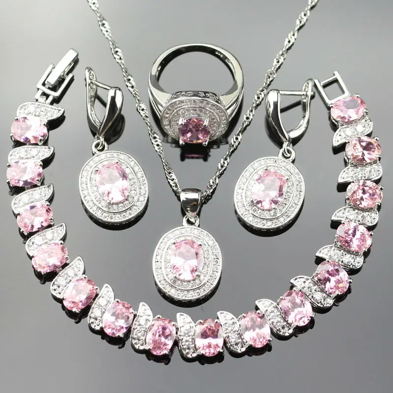 Silver color Jewelry Sets For Women Pink Crystal White Zircon Necklace ...