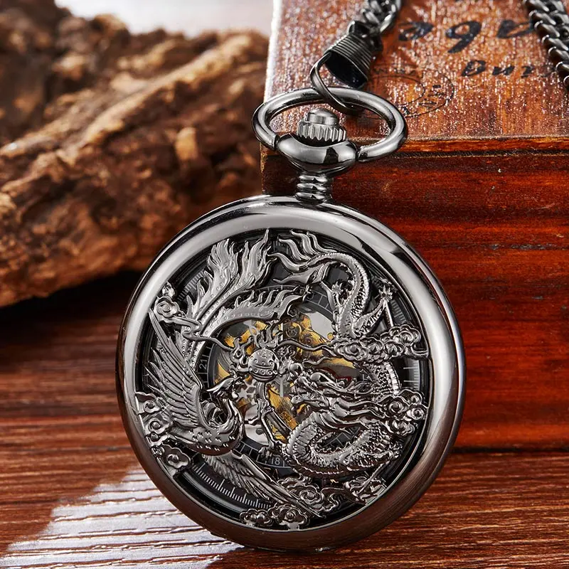 Vintage Black Mechanical Pocket Watch Retro Dragon Phoenix Hand Winding ...