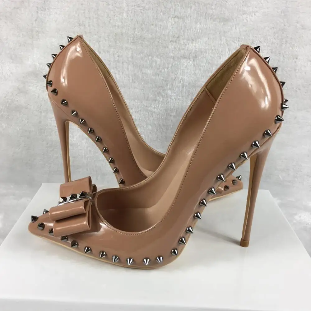 Nude-rivet-high-heels-patent-PU-leather-needle-tip-rivet-high-heel ...