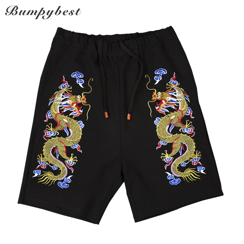 Bumpybeast brand Chinese Style Dragon Embroidery Men Shorts Black blue ...