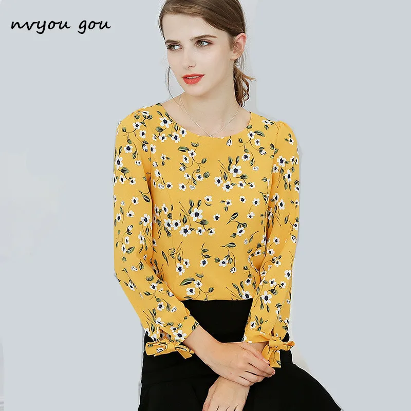 Nvyou Gou Floral Print Chiffon Blouse Long Sleeve Bow Casual O Neck