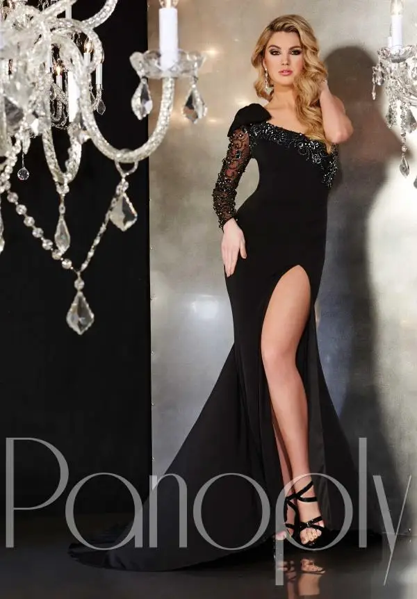 Pp 3 Sexy One Shoulder Long Sleeve Shiny Crystal Beads Slit Side Black