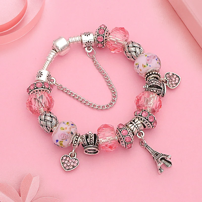 Romantic-Pink-Crystal-Heart-Charm-Bracelet-for-Women-Girl-Gift-Silver ...