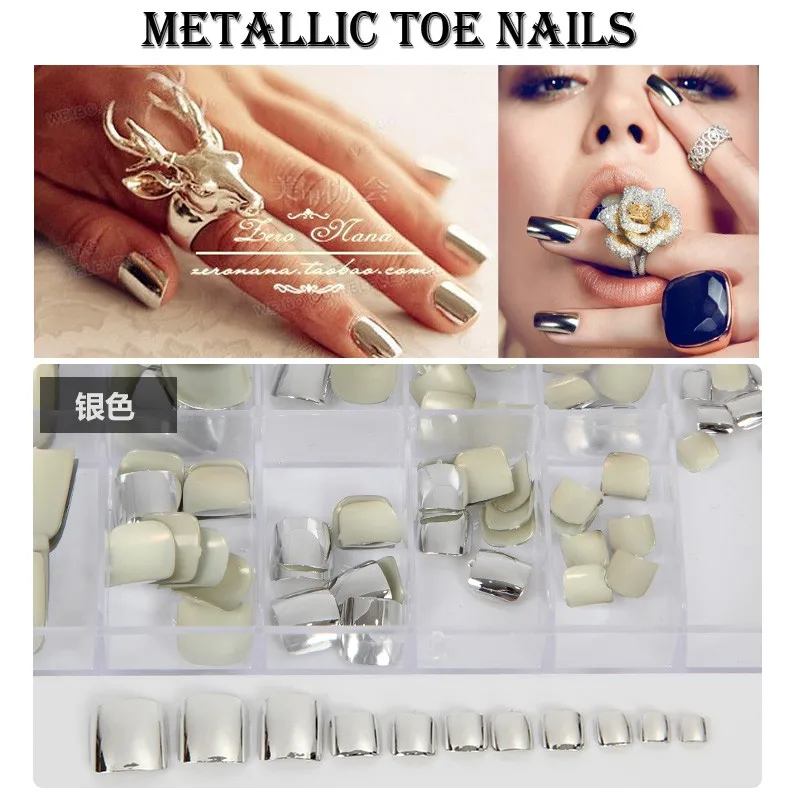 70pcs Silver Metal Toe Nail Tips Full Cover Uv Gel Fasle Nails Shiny ...