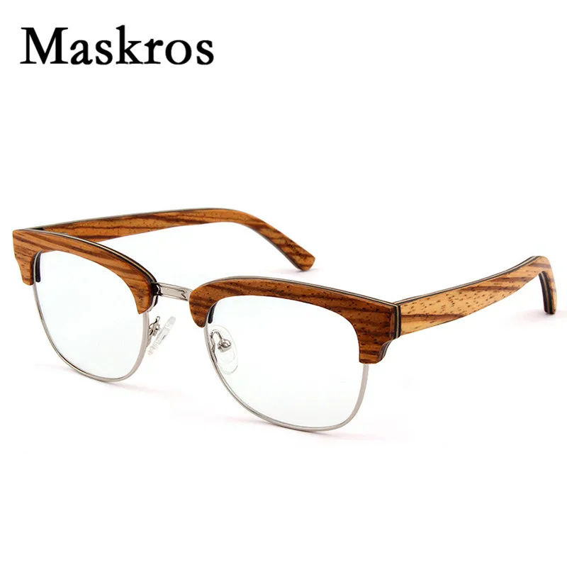 Maskros Handmade Wood Glasses Frame Men Women Half Wooden Mens Spectacles Clear Optical Lenses