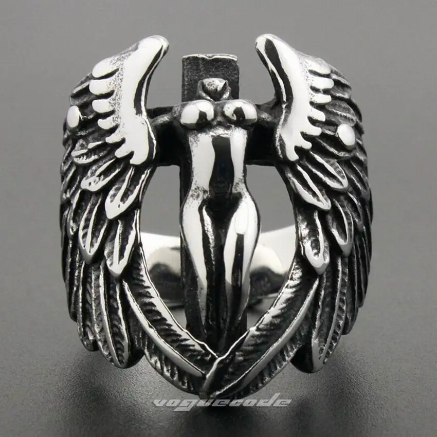 316l Stainless Steel Wing Angel Ring Cross Protection Art Mens Biker ...