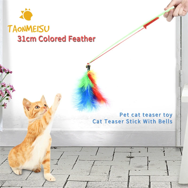 31cm Colored Feather Plastic Cat Teaser Stick With Bells Pet Cat Teaser ...