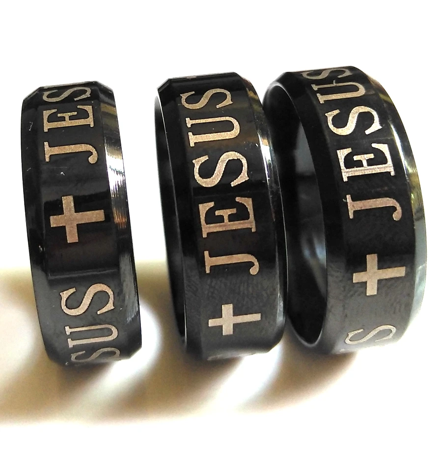 50pcs Black Jesus Cross Stainless Steel Rings Men's Religious Christian ...