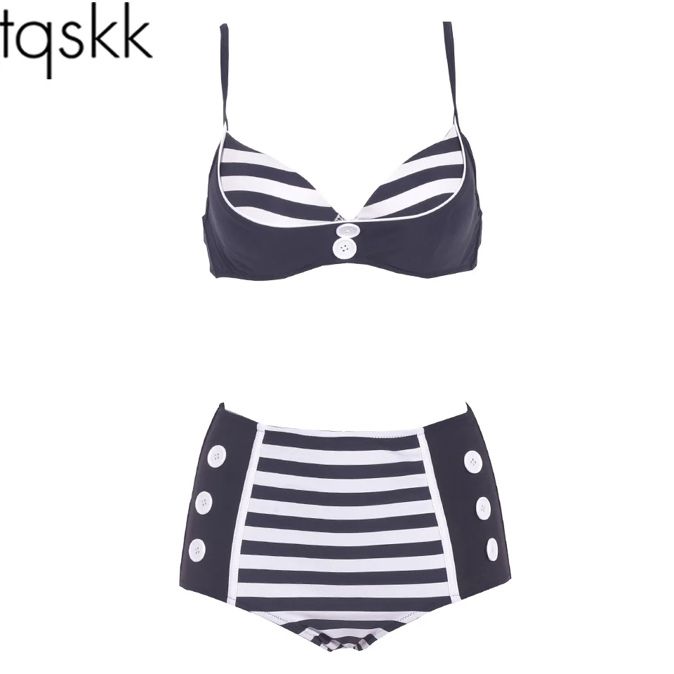 Tqskk 2019 New High Waist Bikinis Women Retro Striped Swimsuit Female