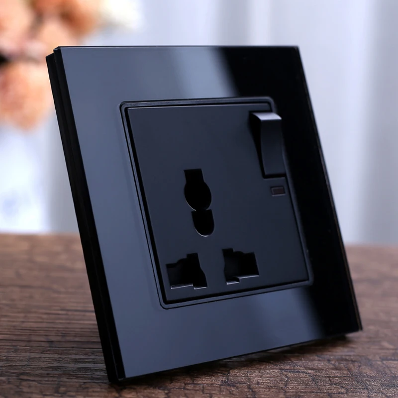 Black Crystal Glass Panel Wall Power Outlet Plug UK standard Socket ...