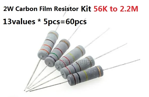 13values * 5pcs=60pcs 56k-2.2m 2w 5% Carbon Film Resistor Kit Pack ...