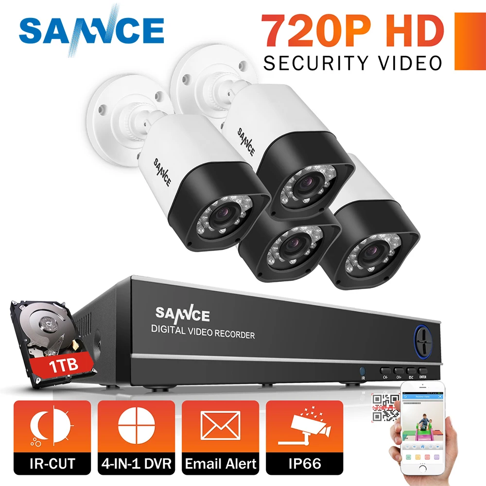 SANNCE 4CH 720P CCTV System 1080N DVR Kit 4PCS 1200TVL Waterproof SANNCE 4CH 720P CCTV System 1080N DVR Kit 4PCS 1200TVL Waterproof