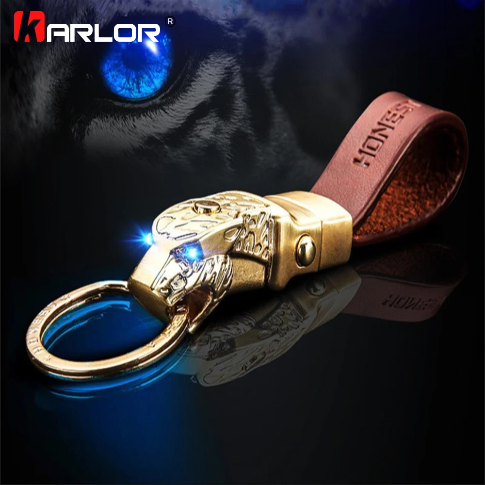 Creative LED Light Leopard Head Model Keychain Real Cowhide Key Holder ...