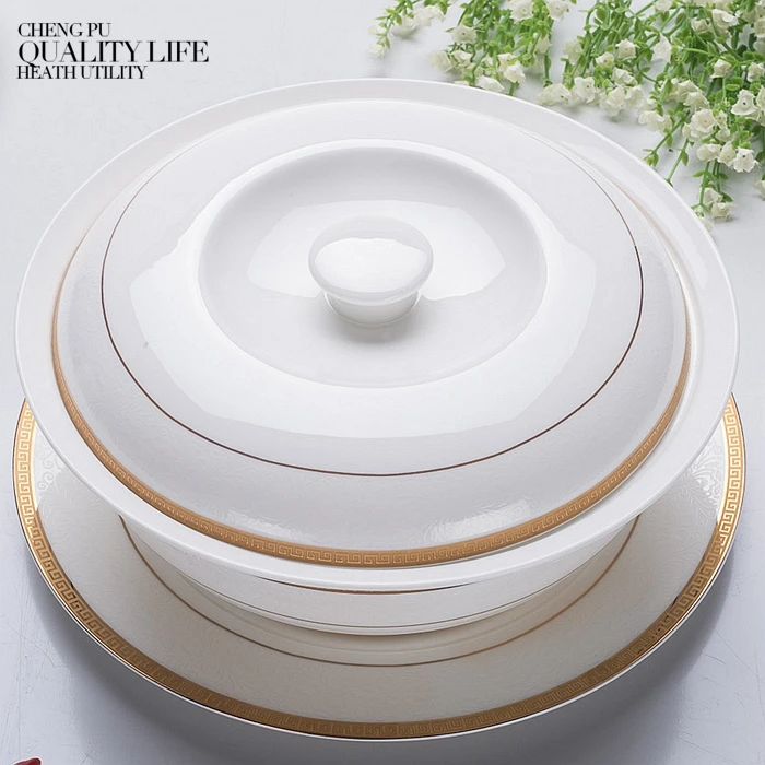 9 inch, Golden striped designed, fine bone china soup tureen, pottery ...