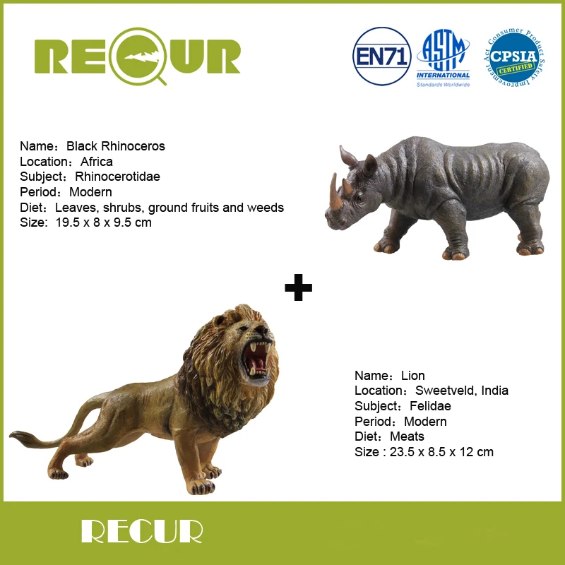 2 pcs/lot Recur Toys Lion+Rhinoceros Wild Animal Simulated Model Hand ...