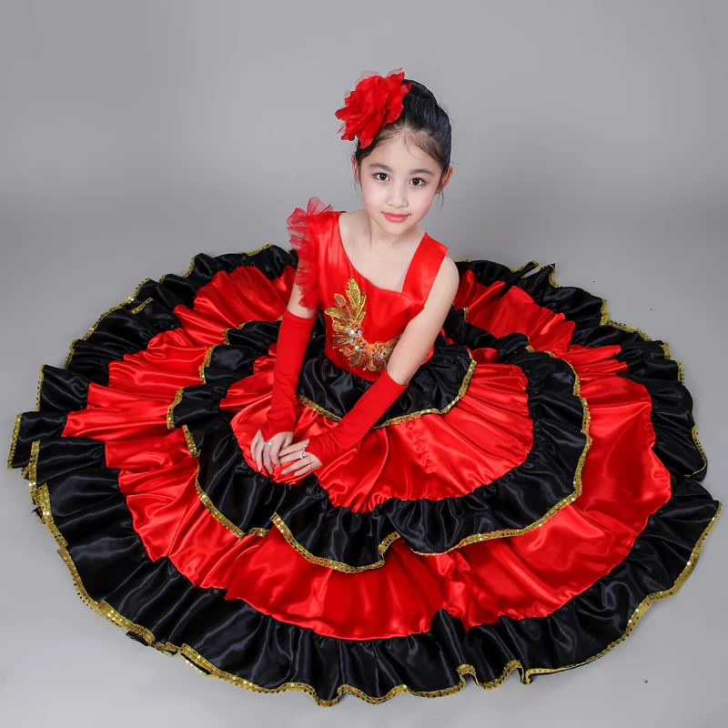 Spanish Costume Girl Long Red Flamenco Dress Ballroom Skirt For Girls ...