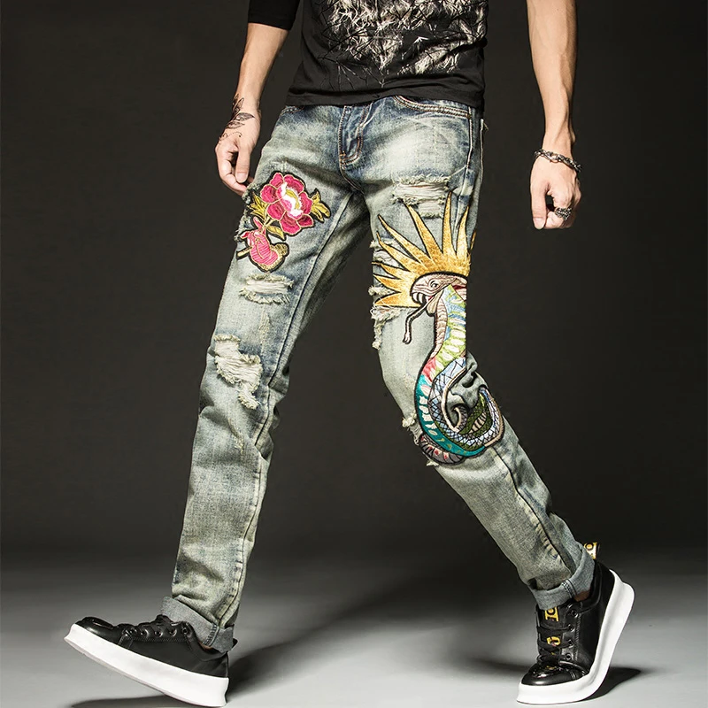 Mens Embroidery Jeans with Flower and Snake Fashion Male Ripped Hole ...