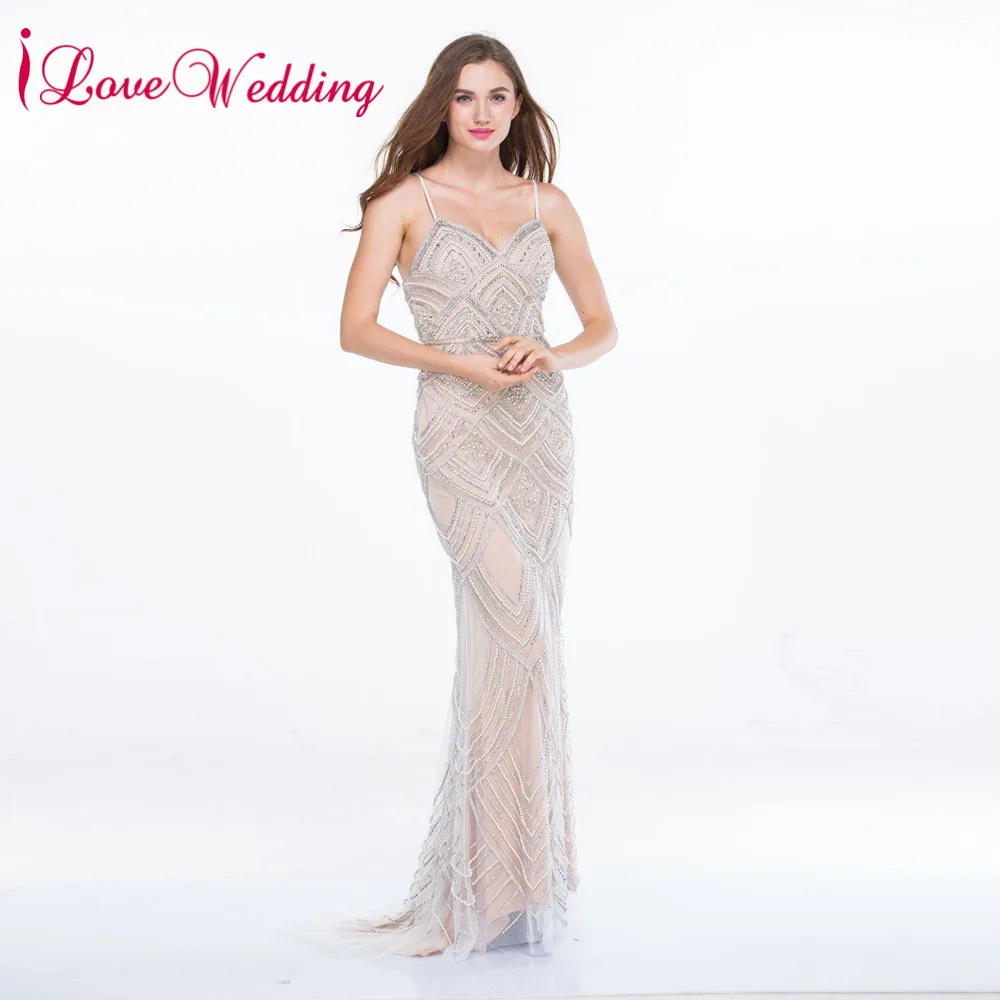 Evening Dress Luxury Shiny Champange Silver Mermaid Formal Dress Sexy ...