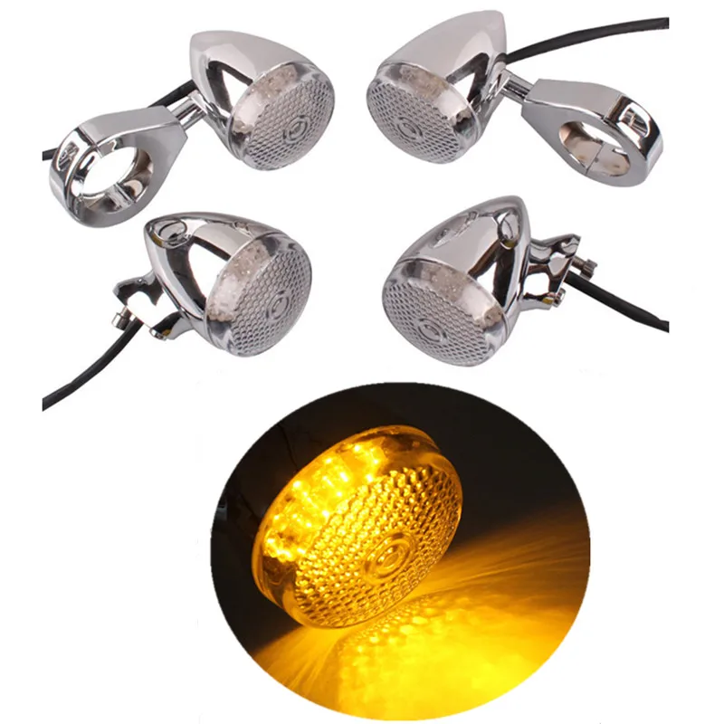 4x Chrome Motorcycle LED Turn Signal Indicator Light +39mm/41mm Fork ...
