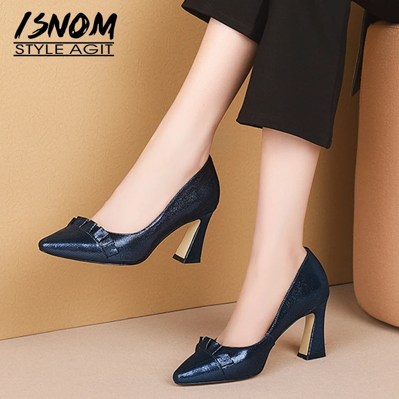 ISNOM Emboss Sheepskin Pumps Women High Heels Pumps Woman Pleated Shoes ...