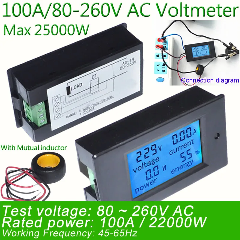 Digital AC Voltage Meters 100A/80~260V Power Energy analog Voltmeter Ammeter watt current Amps ...