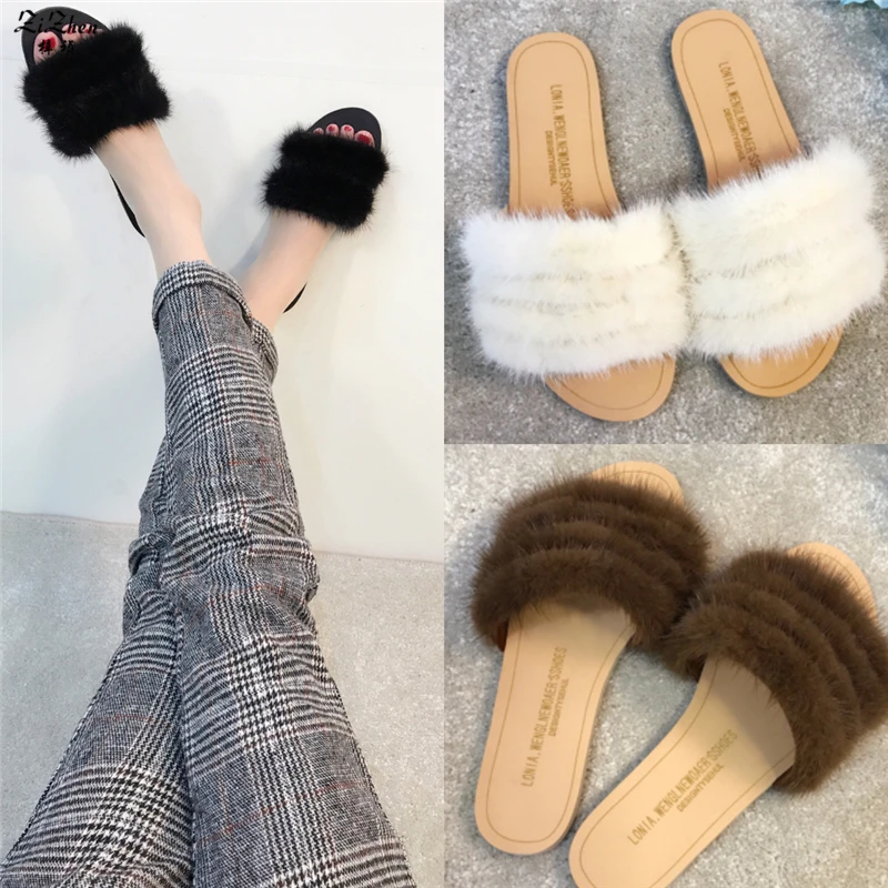 Spring Summer Women's Furry Slippers Ladies Luxury Real Mink Fur Beach ...