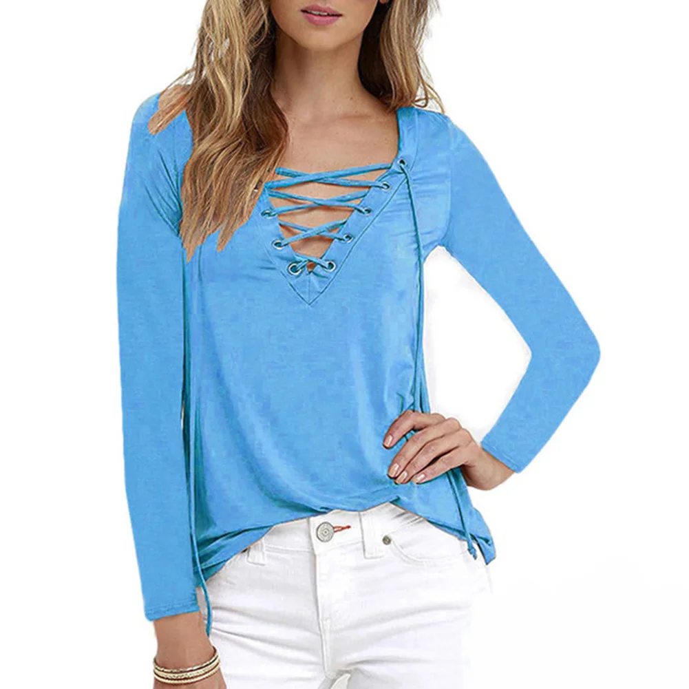 Women Sexy Plain Deep V Neck Cross Eyelet Lace Up Long Sleeve Blouse