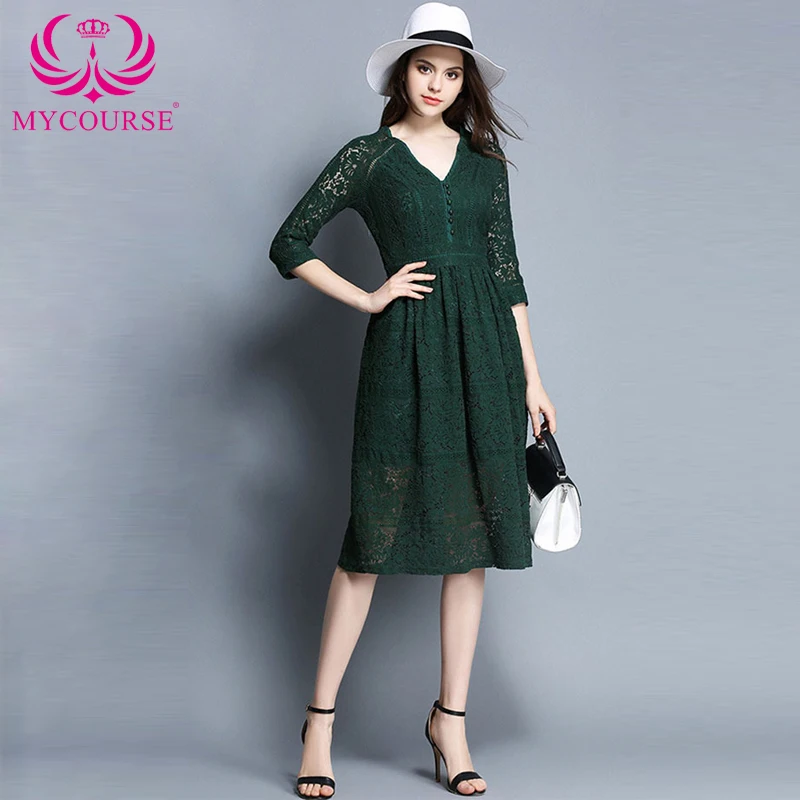 Elegant European Party Dress Chic Chic V Neck 3 4 Sleeve Solid Lace