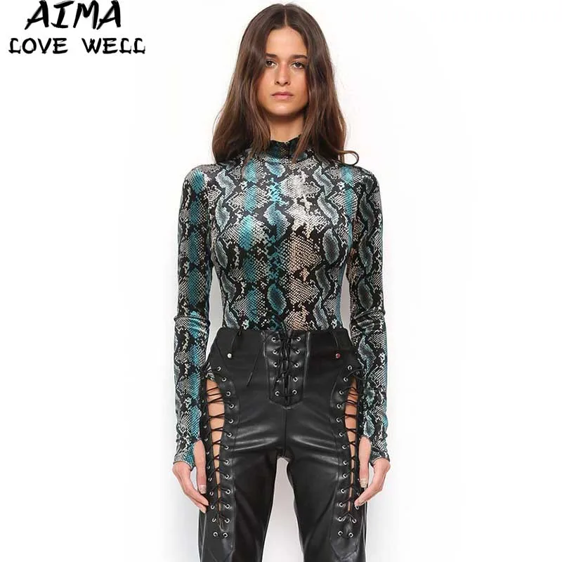 Fashion Women Sexy Bodysuit Bodysuits Snakeskin Grain Print Long Sleeve ...