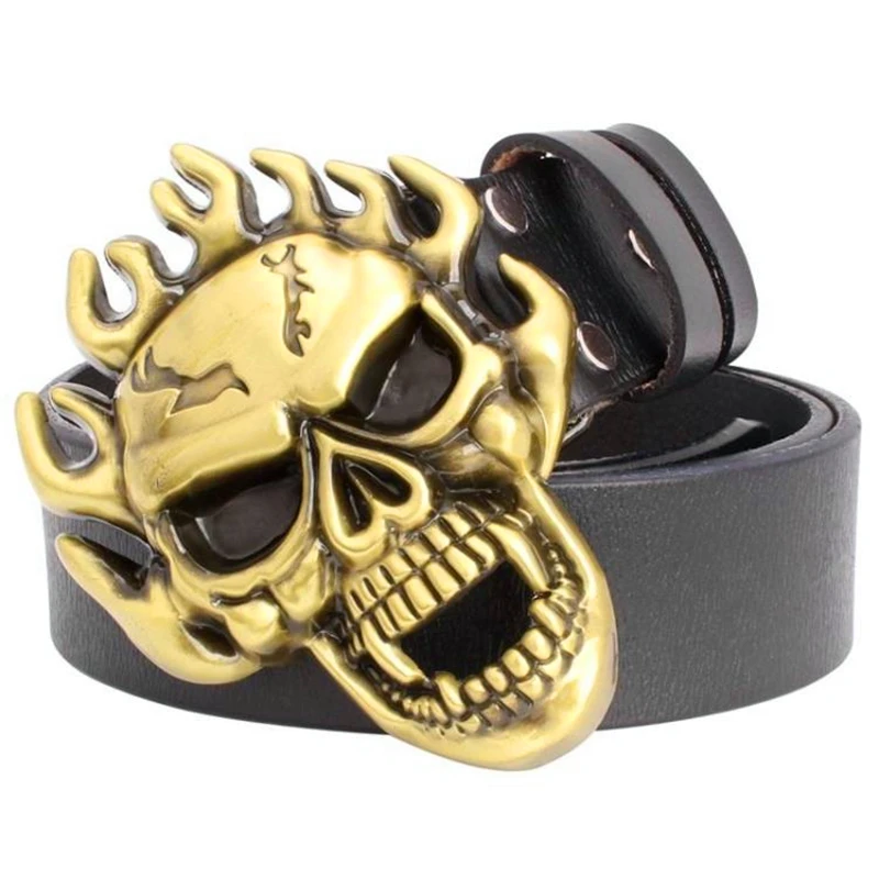 Cool men's genuine Leather belt gold skull belt fire skeleton belts ...