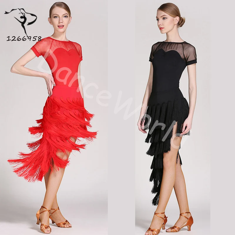 2018 latin dance clothing dress tassels short sleeve top and skirt set ...